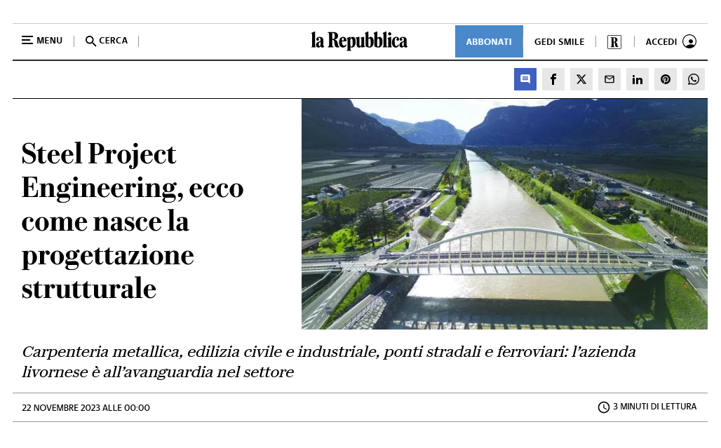 Une page dans le journal national "La Repubblica" - Steel Project Engineering